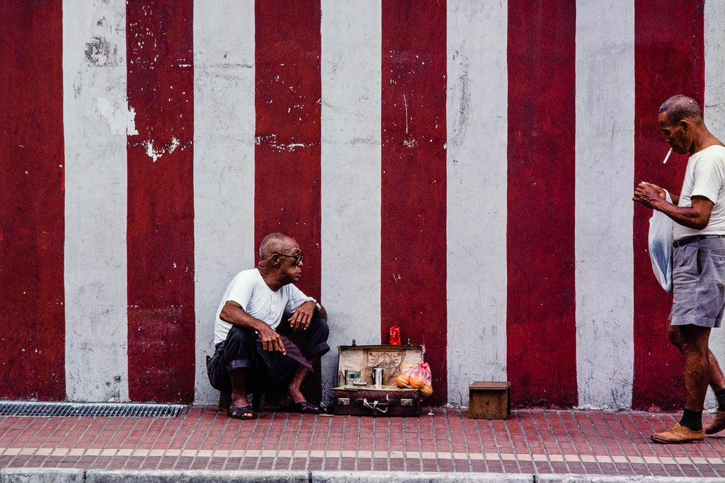 Two Men, Striped Wall, Singapore – Jay Maisel